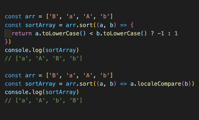 ['B', 'a', 'A', 'b'].sort()はlocaleCompareを使うとabc順になる | iwb.jp