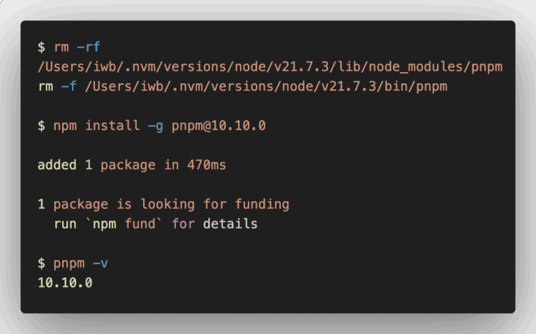 pnpmがnvm管理によりアップデートできないときの対処法 | iwb.jp