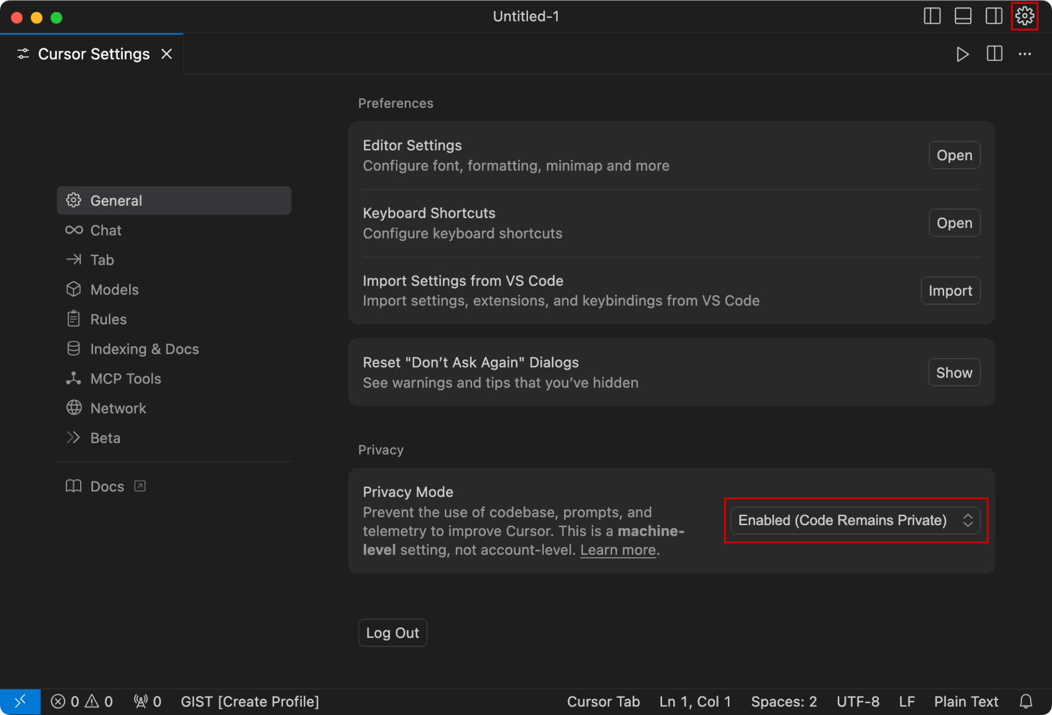 Cursorを使用するならPrivacy Modeを必ずEnabled(有効)にするべし | iwb.jp